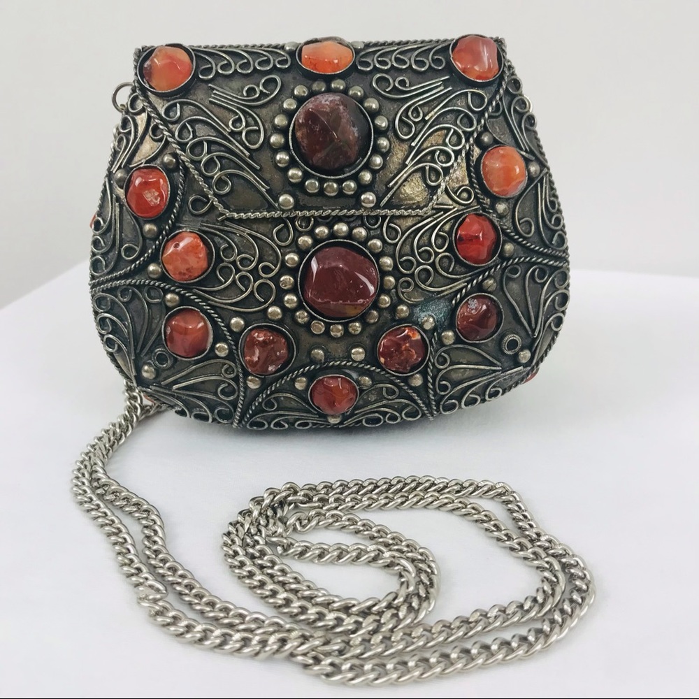Vintage Sajal India Metal Agate Stone Bag - Gem